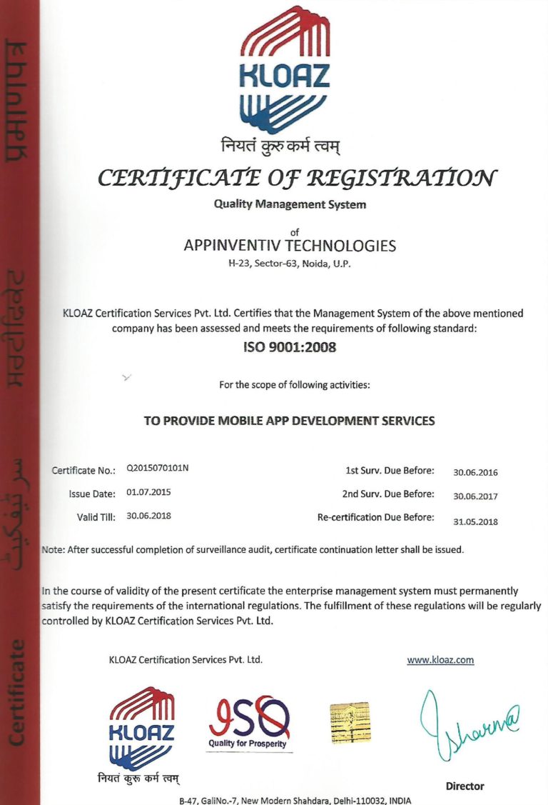 Appinventiv - Now an ISO 9001:2008 Certified Company